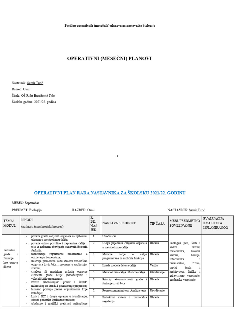 Biologija-8-Operativni-plan Novo | PDF