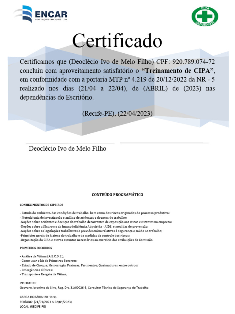 Certificado Curso DESIGNADO DE CIPA (MODELO) | PDF