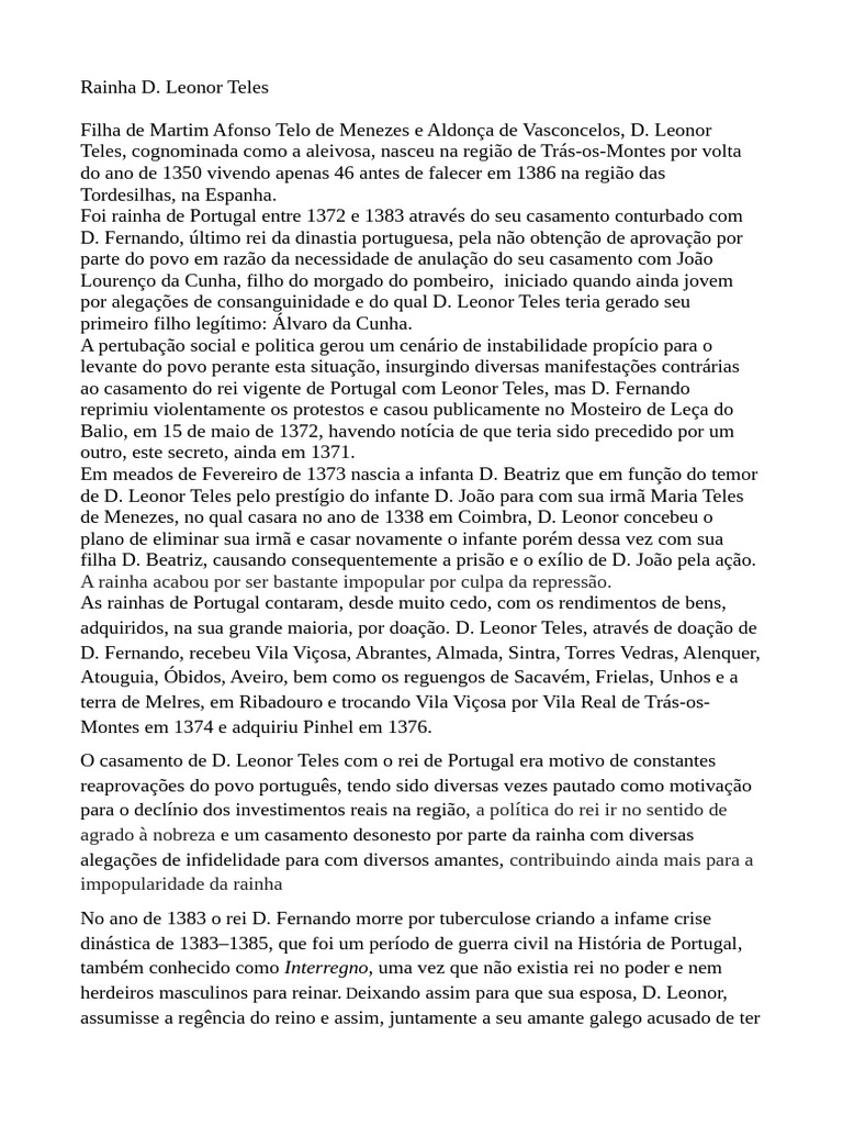História de D. Leonor Teles de Menezes | PDF | Portugal