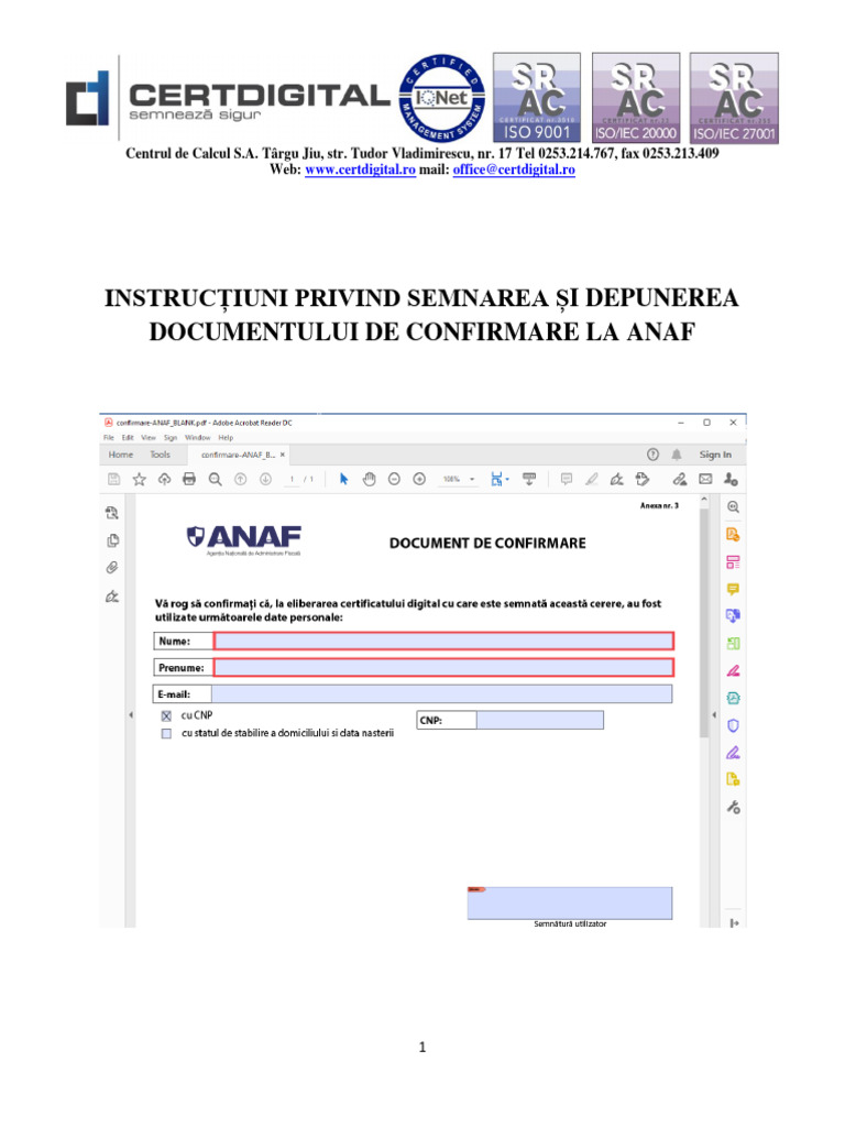 Instructiuni Privind Semnarea Si Depunerea Documentului de Confirmare La Anaf | PDF