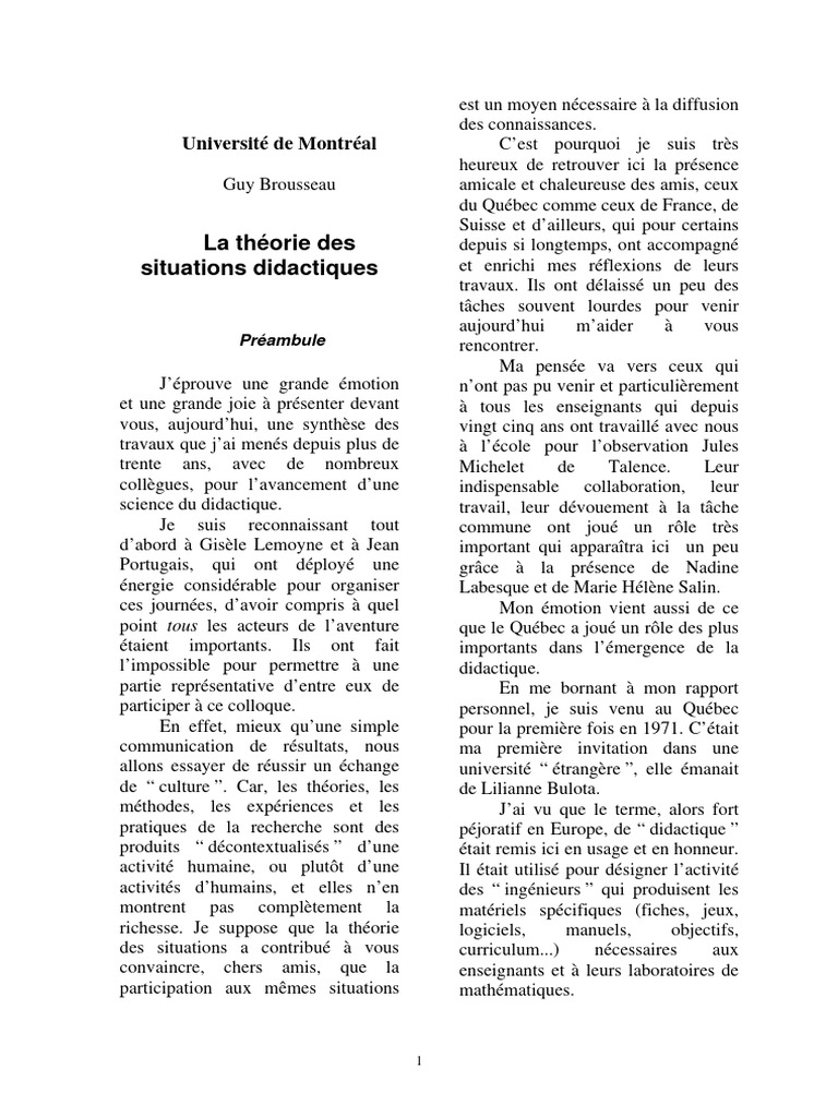 Théorie des situations didactiques | PDF | Apprentissage | Mathématiques