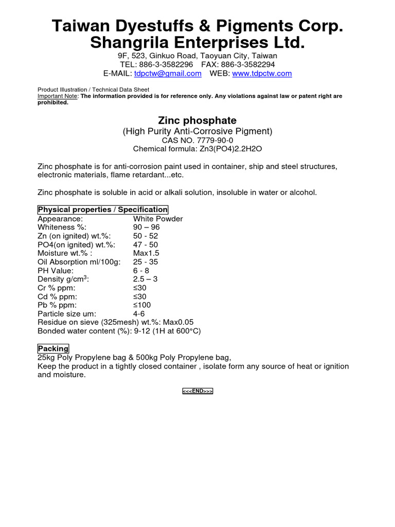 Zinc Phosphate Technical Data Sheet | PDF