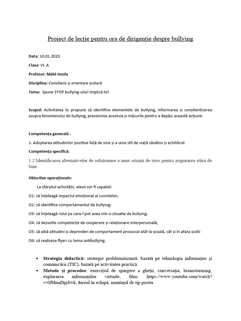Mate Imola. Proiect de Lectie Despre Bullying | PDF