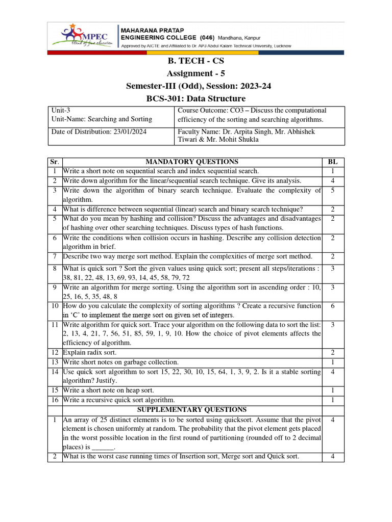 Btech Cse Pdf Algorithms And Data Structures Arithmetic