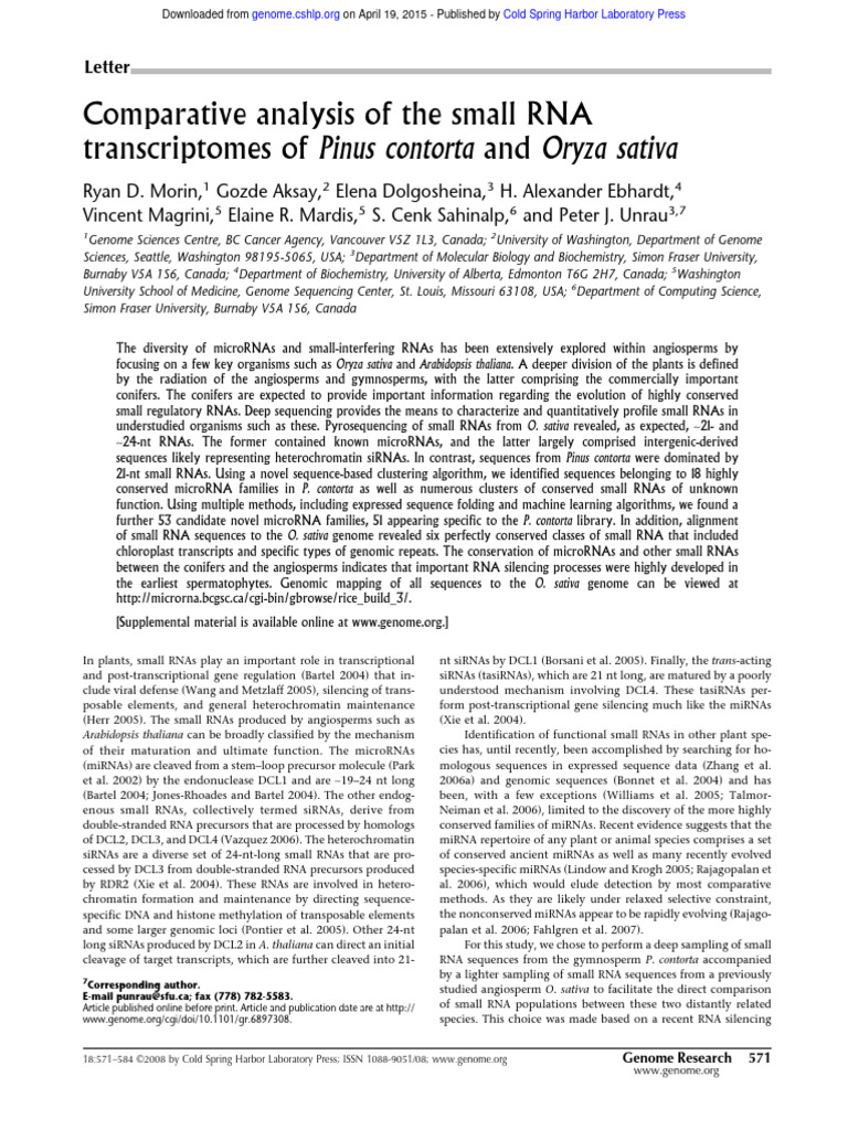 2015 Comparative Analysis Of The Small Rna Transcriptomes Of Pinus