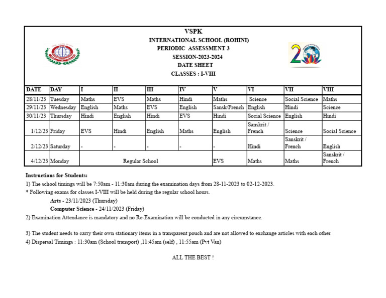 PA3 Datesheet-2023-24-I-VIII | PDF