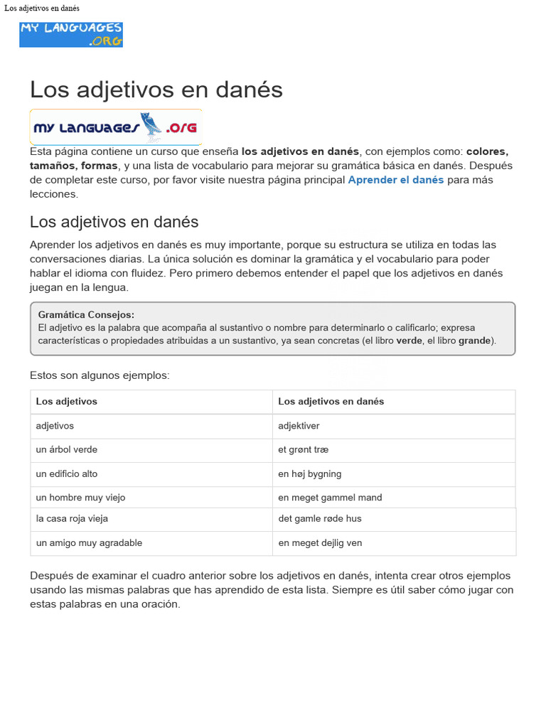 Adjetivos en Danés: Vocabulario y Ejemplos | PDF | Adjetivo | Gramática