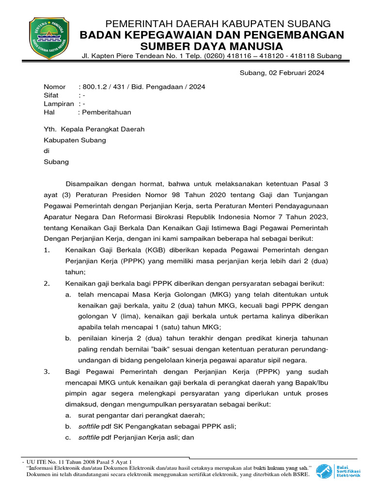 Surat Pemberitahuan KGB PPPK 2022 - Signed - Signed-1 - Signed | PDF