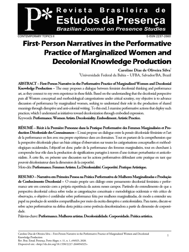 First-Person Narrative in The Performative Practice of Marginalized Women and Decolonial ...