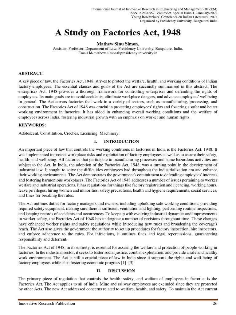 Overview of the Factories Act, 1948 | PDF | Occupational Safety And ...