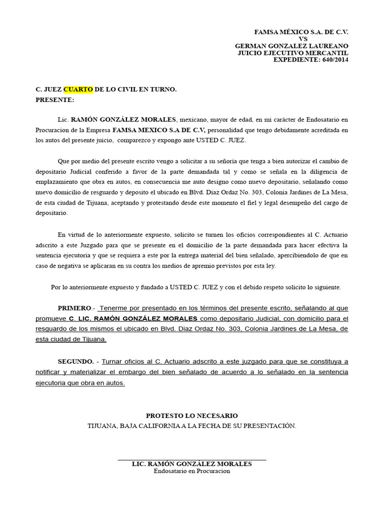Escrito Cambio de Depositario Judicial | PDF | Ley Pública | Judicaturas