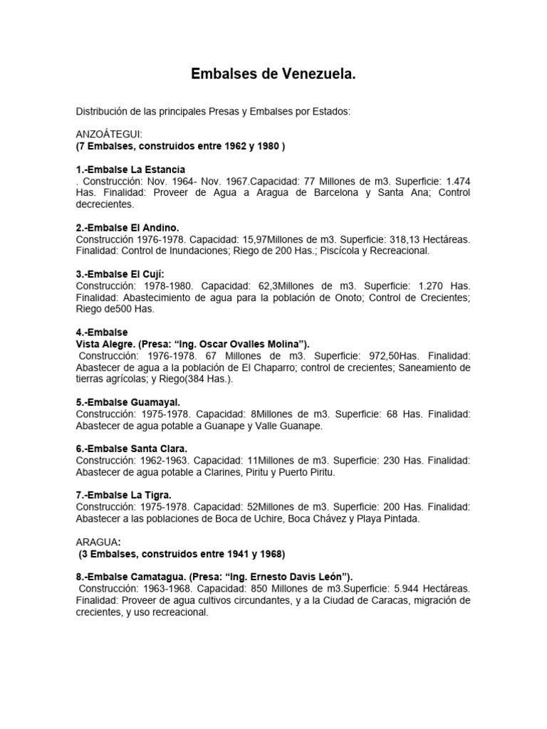 Embalses Principales de Venezuela | PDF | Hidroelectricidad ...