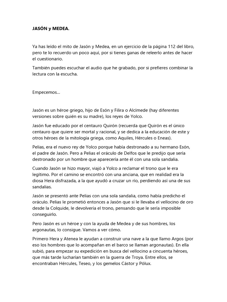 Mito de Jasón y Medea: Resumen | PDF | Jason | Mitología griega