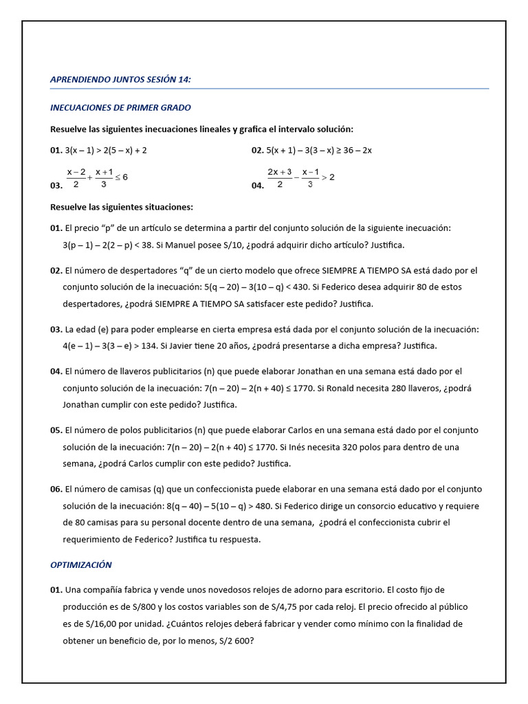 Ejercicios INECUACIONES DE PRIMER GRADO | PDF