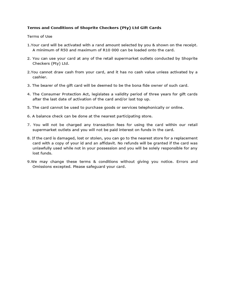 Money Market Shoprite & Checkers Gift Cards Ts&Cs | PDF