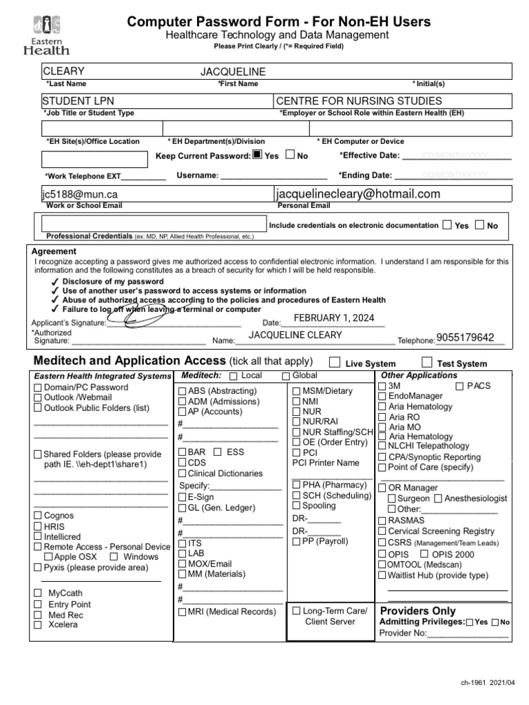 Ch 1961 Htdm Computer Password Form For Non Eh Users Fillable Af Pdf Password User