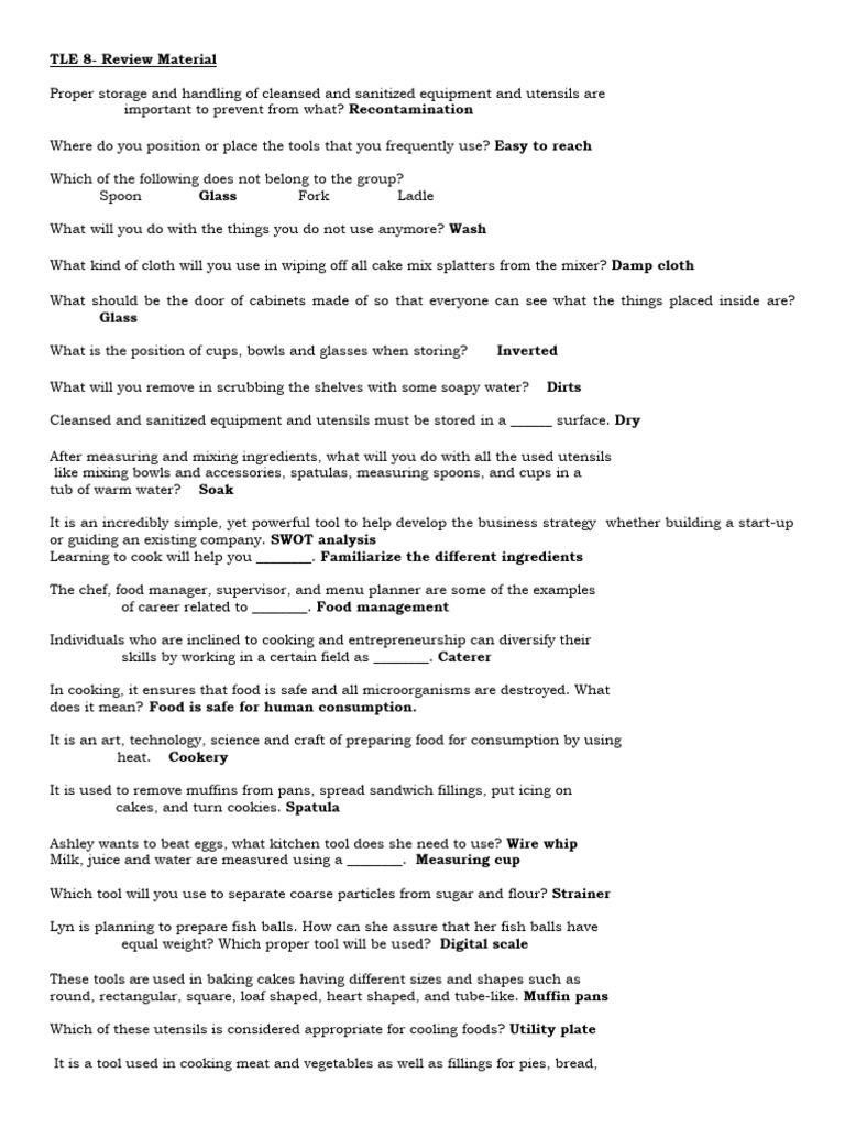 Tle 8 Review Pdf Kitchen Utensil Cakes