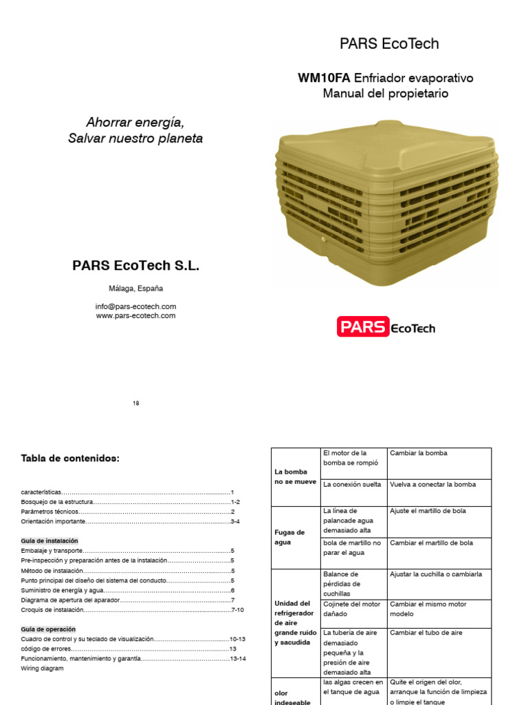 Manual WM10FA: Enfriador Evaporativo | PDF | Refrigerador | Agua