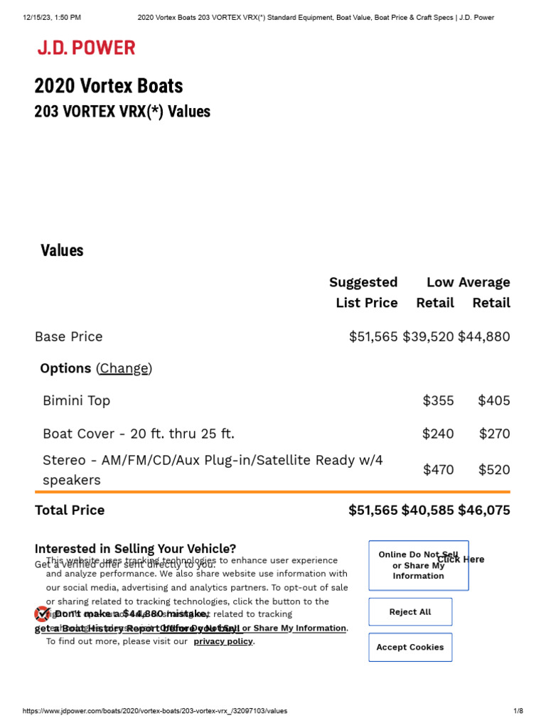 2020 Vortex Boats 203 VORTEX VRX (-) Standard Equipment, Boat Value ...