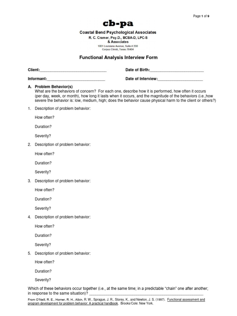 Cb-Pa Functional Analysis Interview Form | PDF | Communication | Behavior