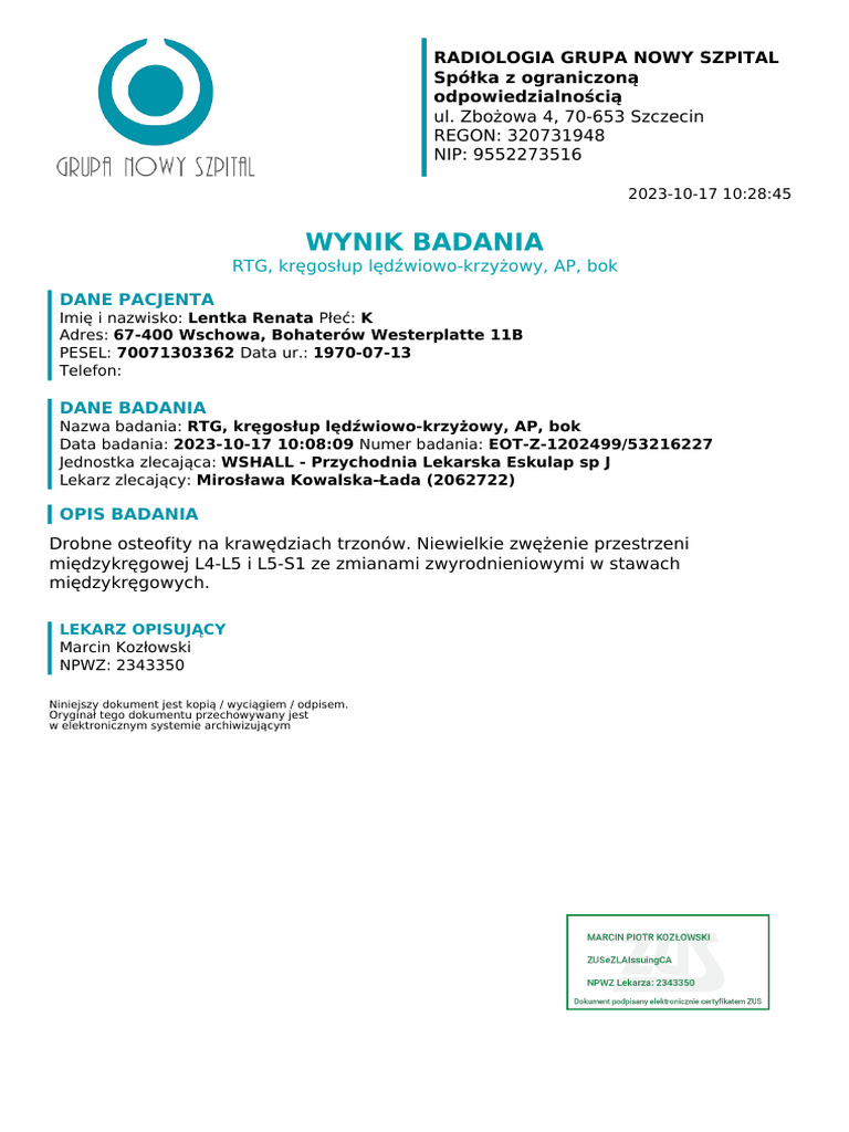 Wynik Badania: RTG, Kręgosłup Lędźwiowo-Krzyżowy, AP, Bok | PDF