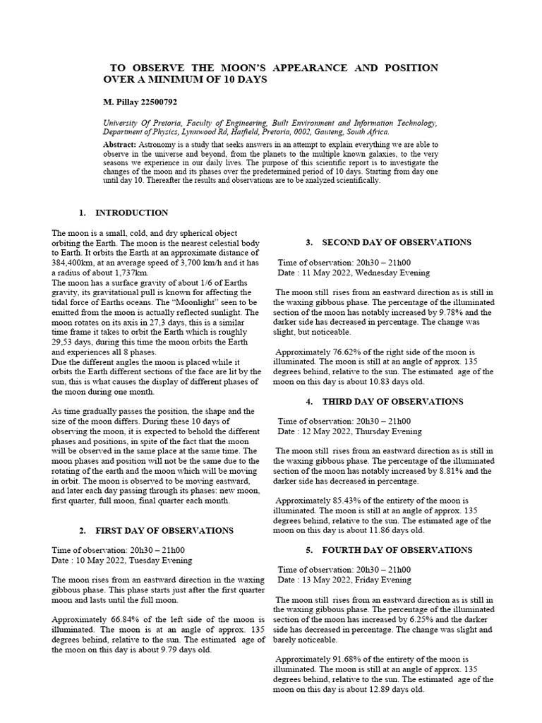 Moon Observations Assignment | PDF | Moon | Earth