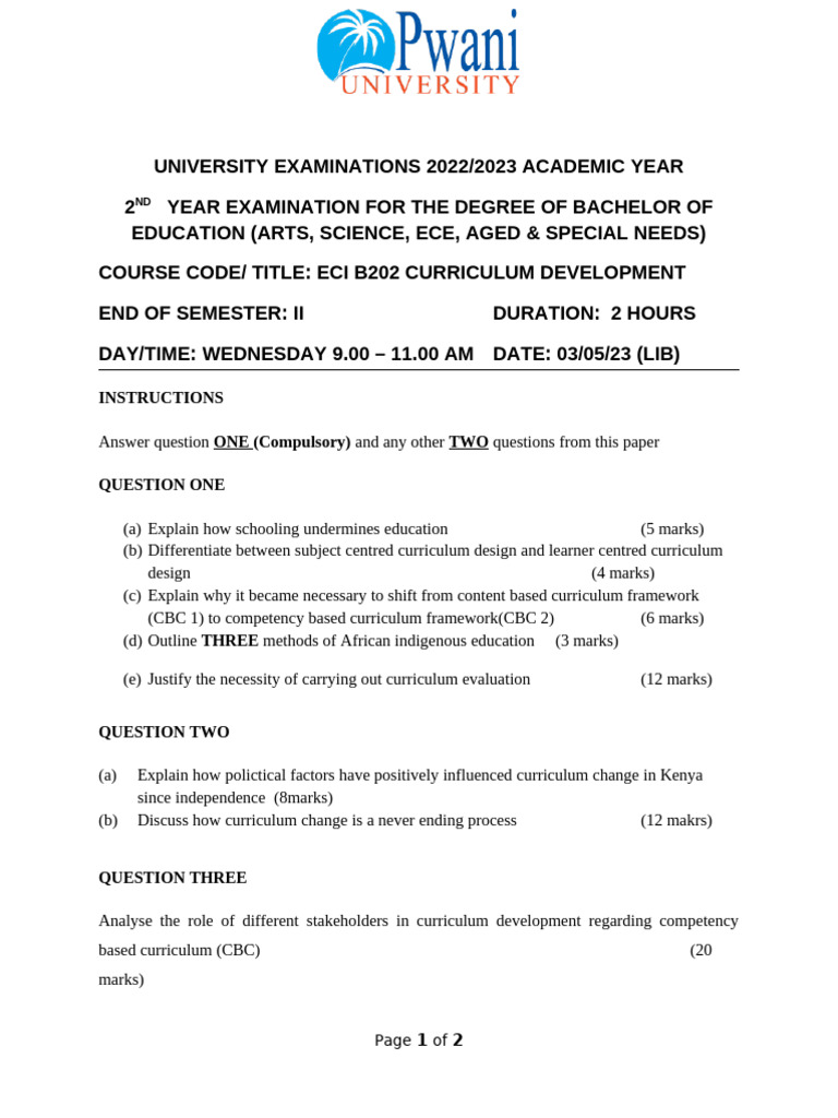 ECI B202 Curriculum Development Exam | PDF