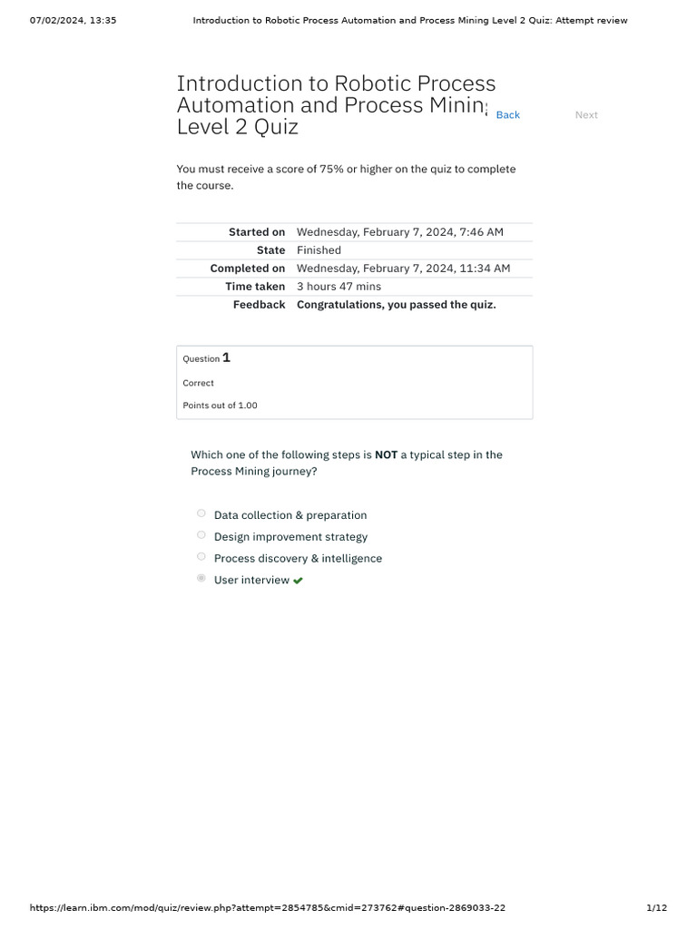 Introduction To Robotic Process Automation and Process Mining Level 2 Quiz - Attempt Review ...