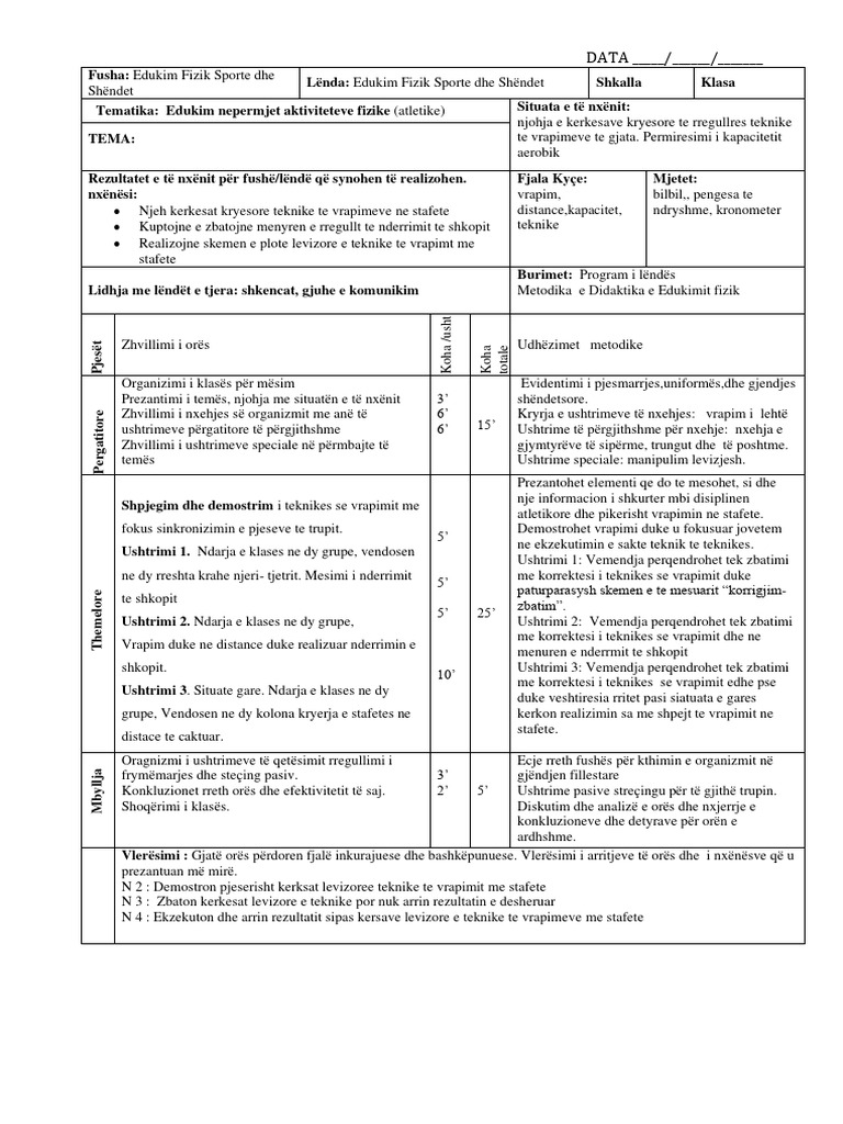 PLAN DITAR Vrapimet Ne Stafete | PDF