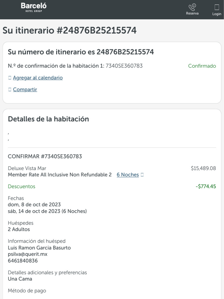 Confirmación de Reserva en Barceló | PDF