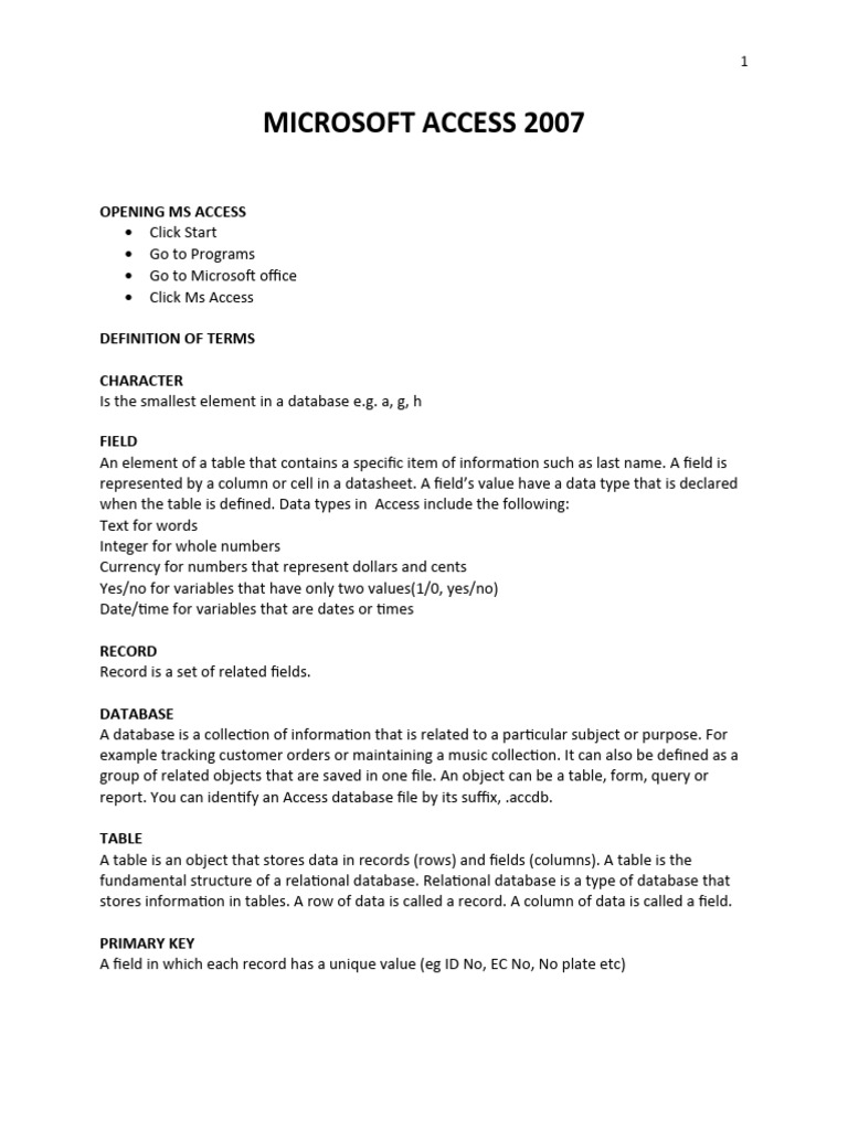 Access Notes | PDF | Relational Database | Databases