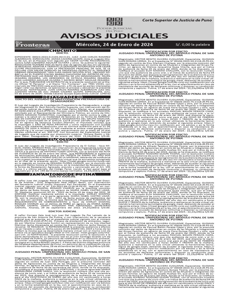 Avisos Judiciales en Puno, 2024 | PDF | Crimen y violencia | Crímenes
