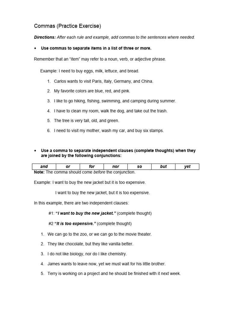 Comma Usage Practice Exercise | PDF | Comma | Grammar