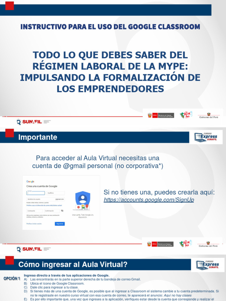 Instructivo Uso de Google Classroom - Curso Todo Lo Que Debes Saber Del Régimen Laboral Mype ...