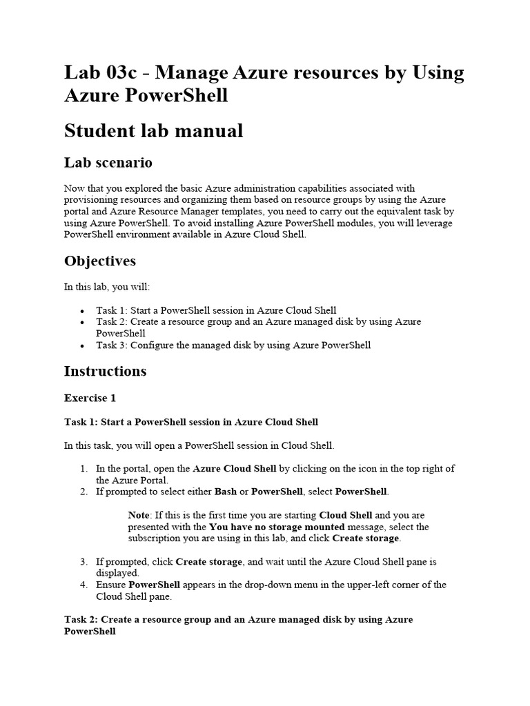 Lab 03c - Manage Azure Resources by Using Azure PowerShell | PDF | Microsoft Azure | Cloud Computing