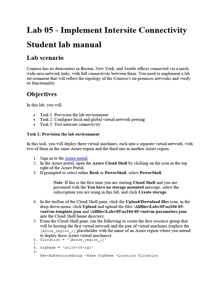 Lab 05 - Implement Intersite Connectivity | PDF | Microsoft Azure | Software Engineering