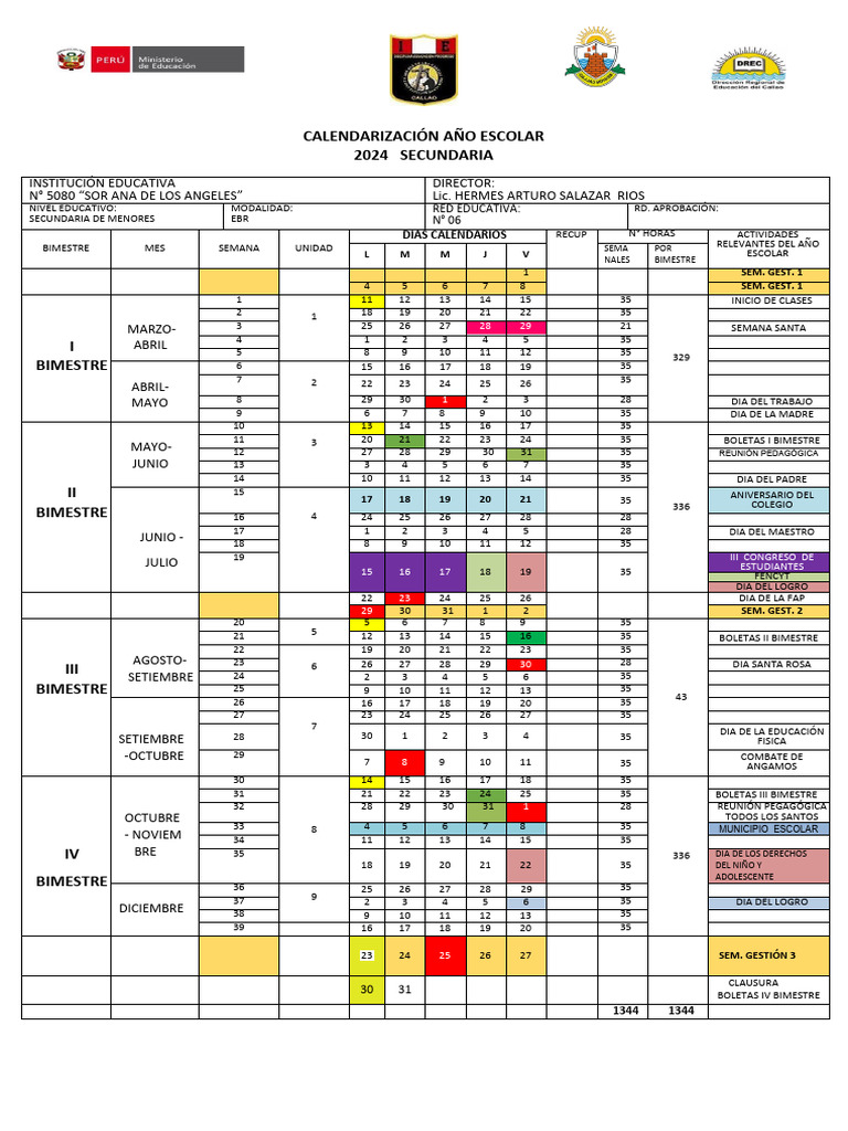 Calendarización Año Escolar 2024 Secundaria | PDF