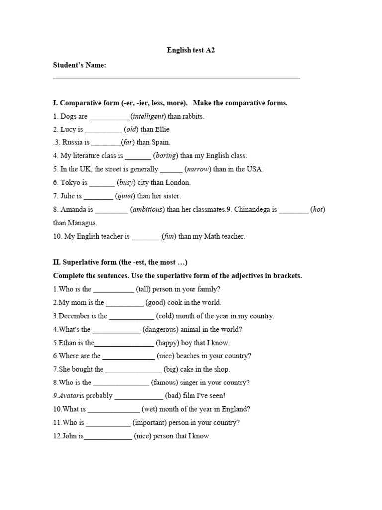 English A2 Comparative & Superlative | PDF
