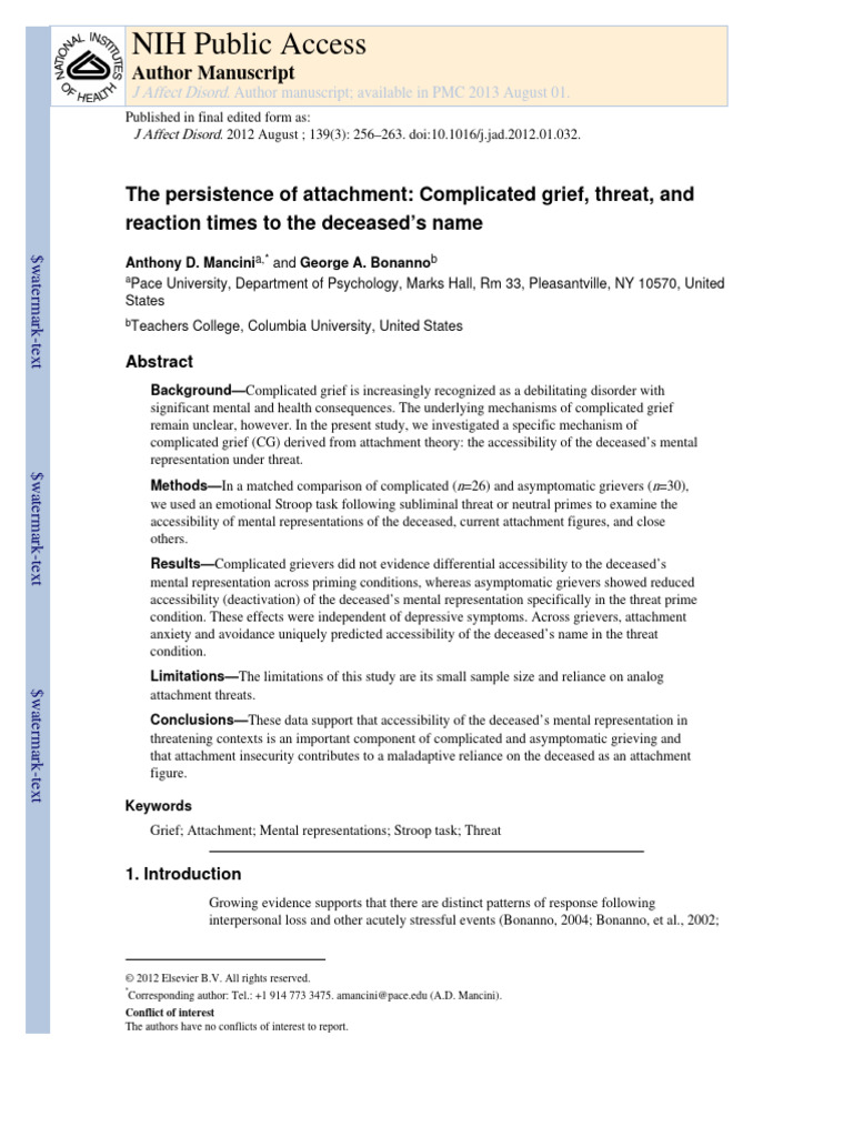 The Persistence of Attachment Complicated Grief, Threat, and | PDF | Attachment Theory | Grief
