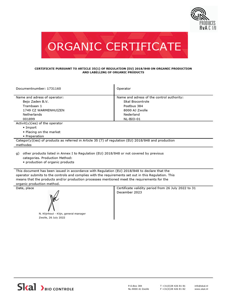 Cert EU BIO Certificaat NEW (#ENQ-2481686) 2481696 | PDF | Horticulture ...