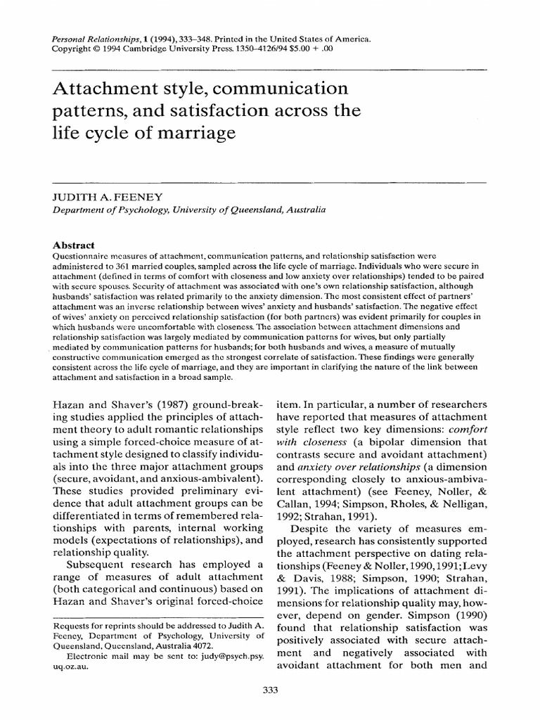 Feeney, J. A. (1994) - Attachment Style, Communication Patterns, and ...