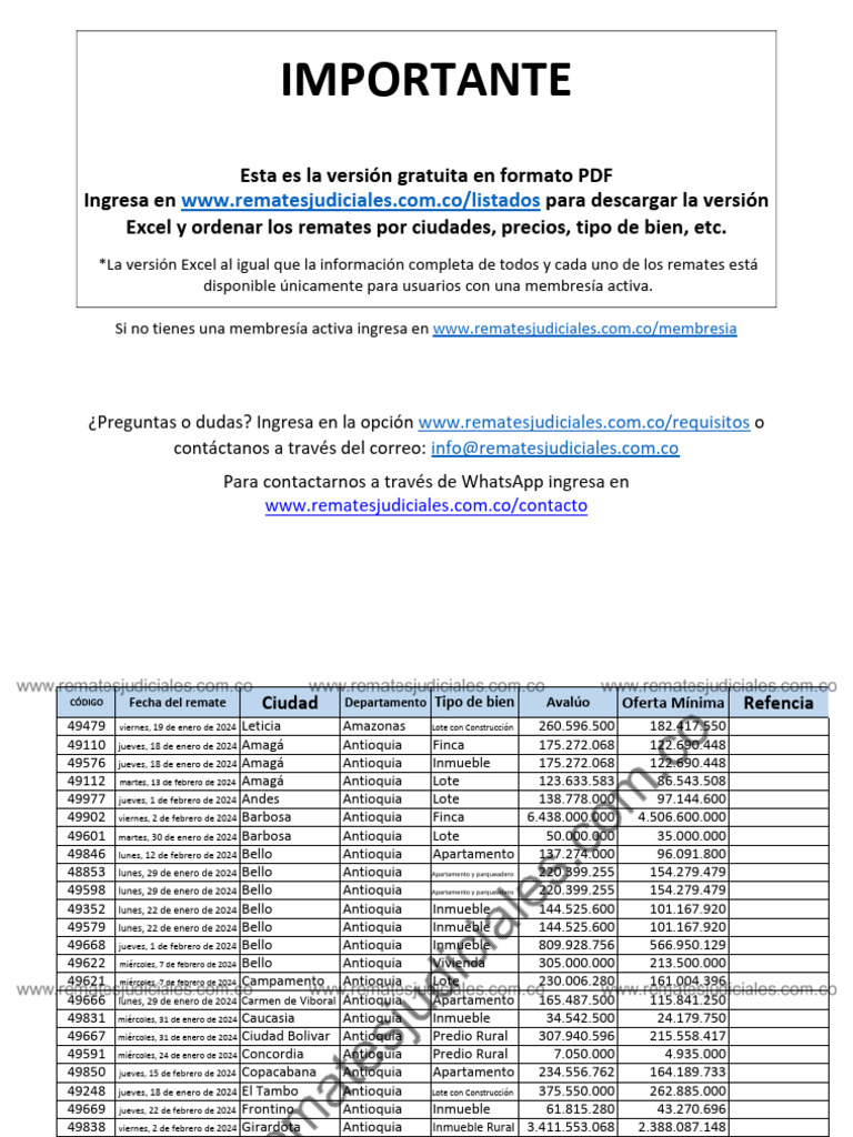 Listado Gratis de Remates Judiciales en Colombia Semana Tres B Enero ...