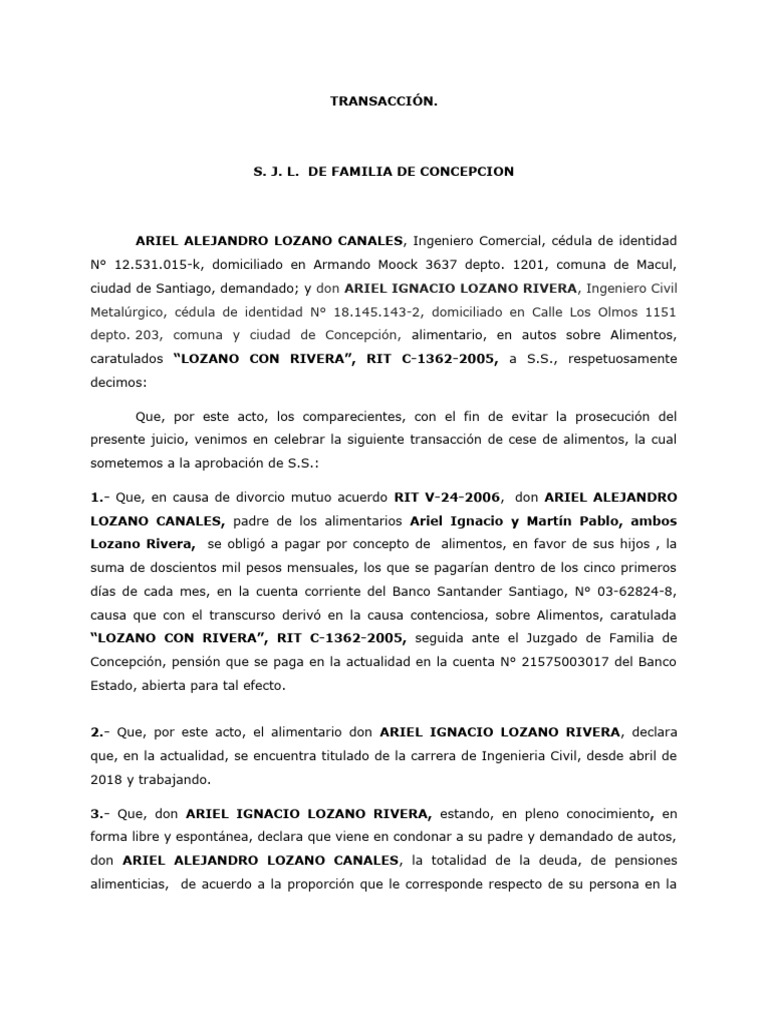 TRANSACCION CESE ALIMENTOS ARIEL LOZANO RIVERA | PDF | Pensión ...