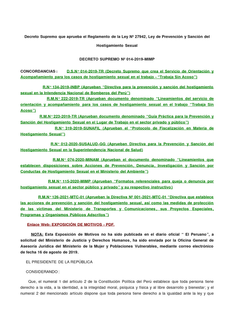 Reglamento Ley 27942: Hostigamiento Sexual | PDF | Acoso | Discriminación