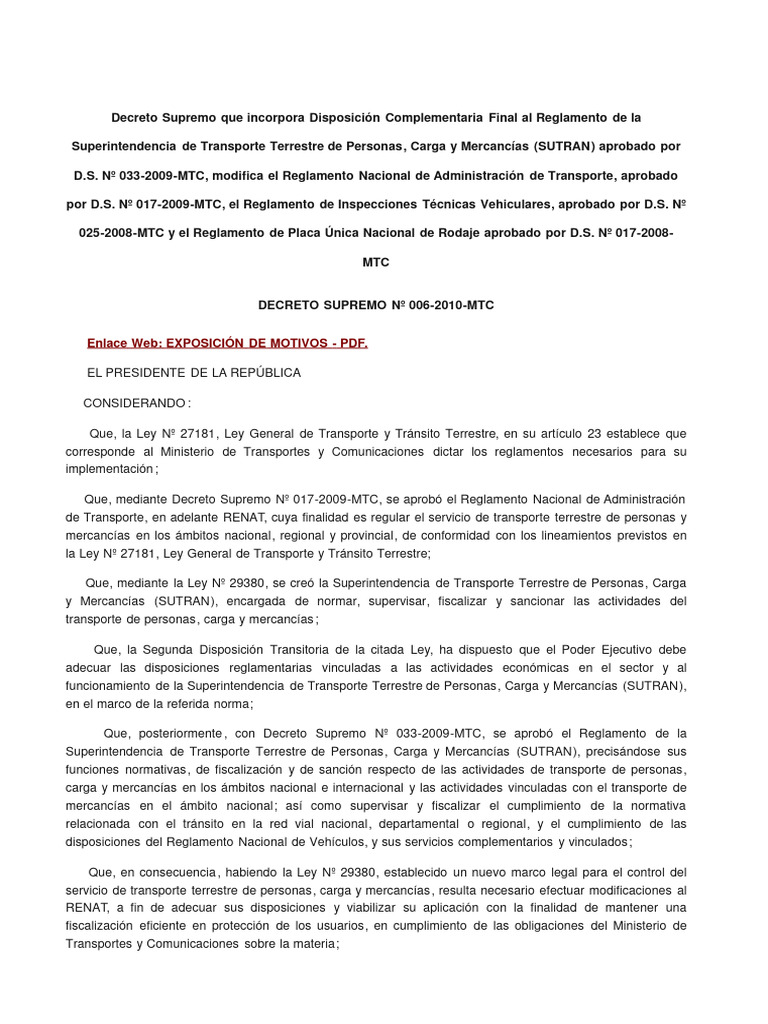 DS 006-2010-MTC - Modificacion Reglamento Nacional de Adm. Transporte ...