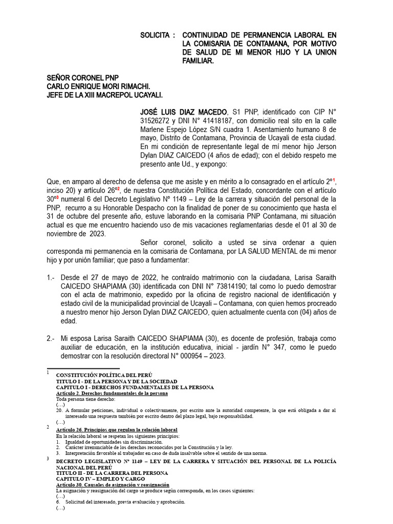 Solicita Permanencia en La Comisaria Contamana | PDF | Derecho Constitucional | Justicia