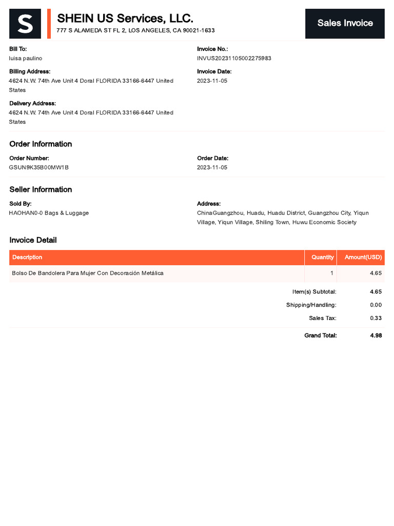 SHEIN US Services, LLC.: Sales Invoice | PDF