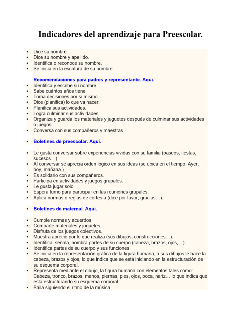 Indicadores de Aprendizaje en Preescolar | PDF | Educación de la ...