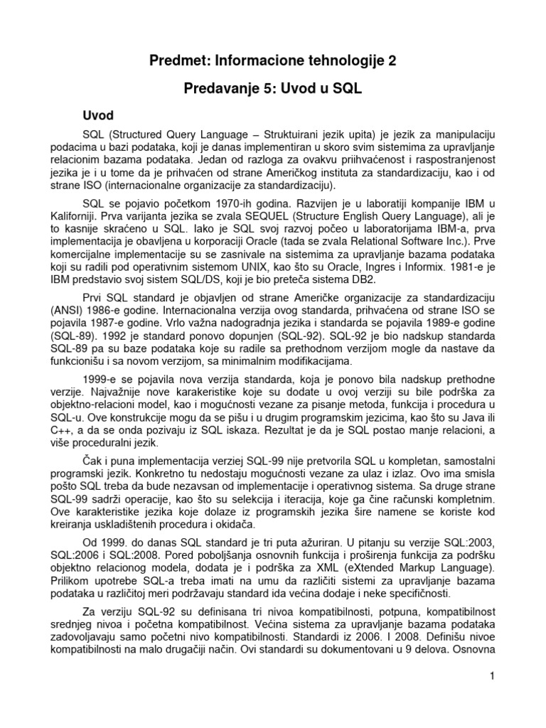Predavanje 5 - SQL | PDF