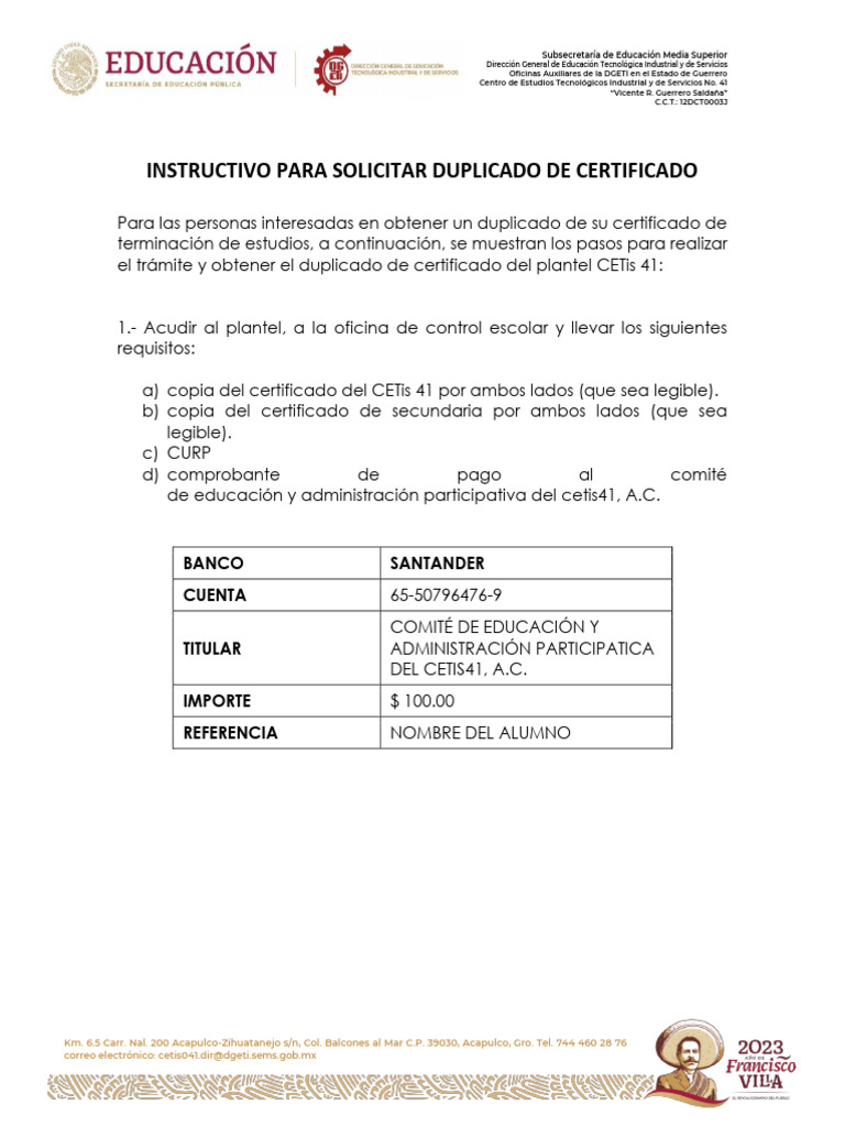 Instructivo para Duplicado de Certificado CETis 41 | PDF